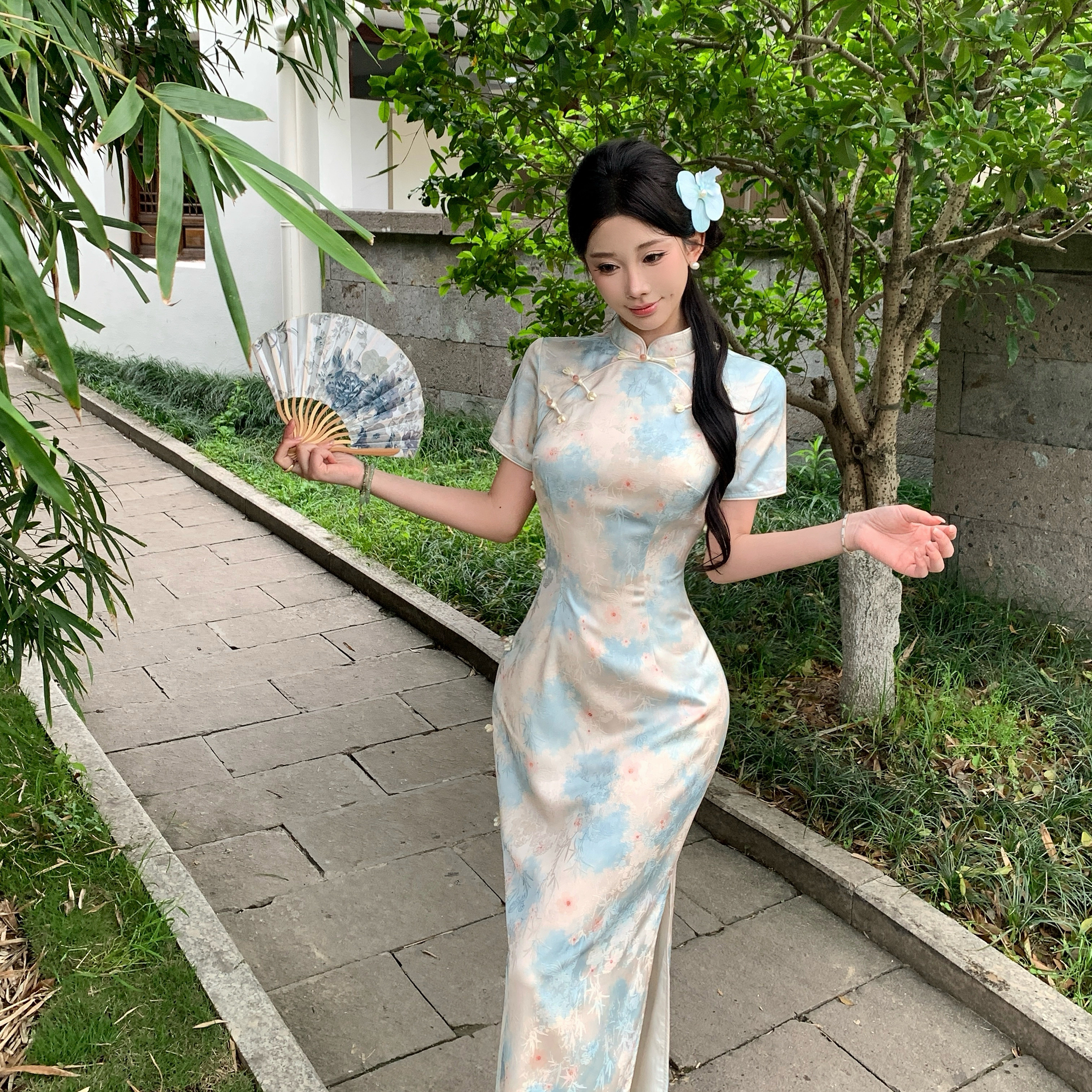 新中式国风蓝色晕染印花改良旗袍短袖气质修身显瘦连衣裙日常少女
