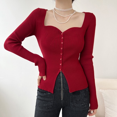 针织衫方领复古港风酒红色上衣