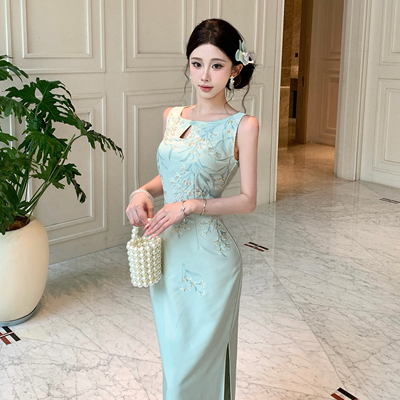 国风手工花藤刺绣重工收腰显瘦温柔气质改良旗袍绿色无袖连衣裙