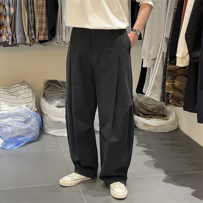 韩国男装掐褶半松紧阔腿休闲裤