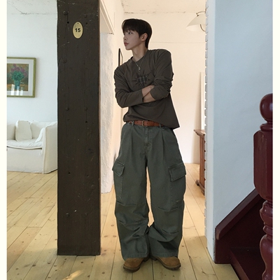 韩国男装D环水洗拼接工装休闲裤