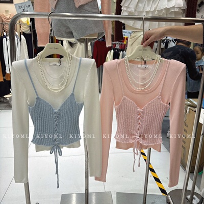 涤纶套头圆领假两件长袖针织衫女