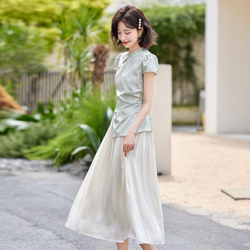国夏季假新品装新中式风拼接印花立领女两件时尚ZQ88087连衣裙