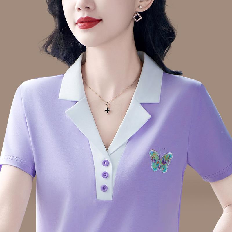小翻半领纯短袖恤女士夏季款洋气大码衫休新闲袖98681上棉衣