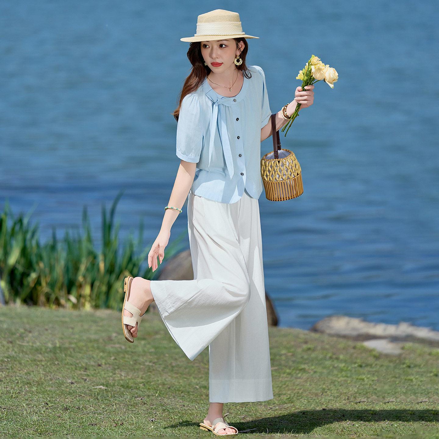 尚套装女夏时新款收腰显瘦LU9161套棉上衬阔衫腿裤两件套裤衣