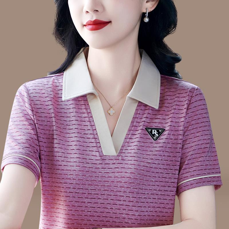翻条纹袖妈恤90579524女夏季新款妈领夏装半袖中老年上衣衫短女