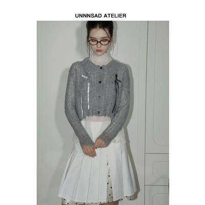 UNNNSAD进口马海毛Bubble girl镂空针织开衫系带蝴蝶结芭蕾风上衣