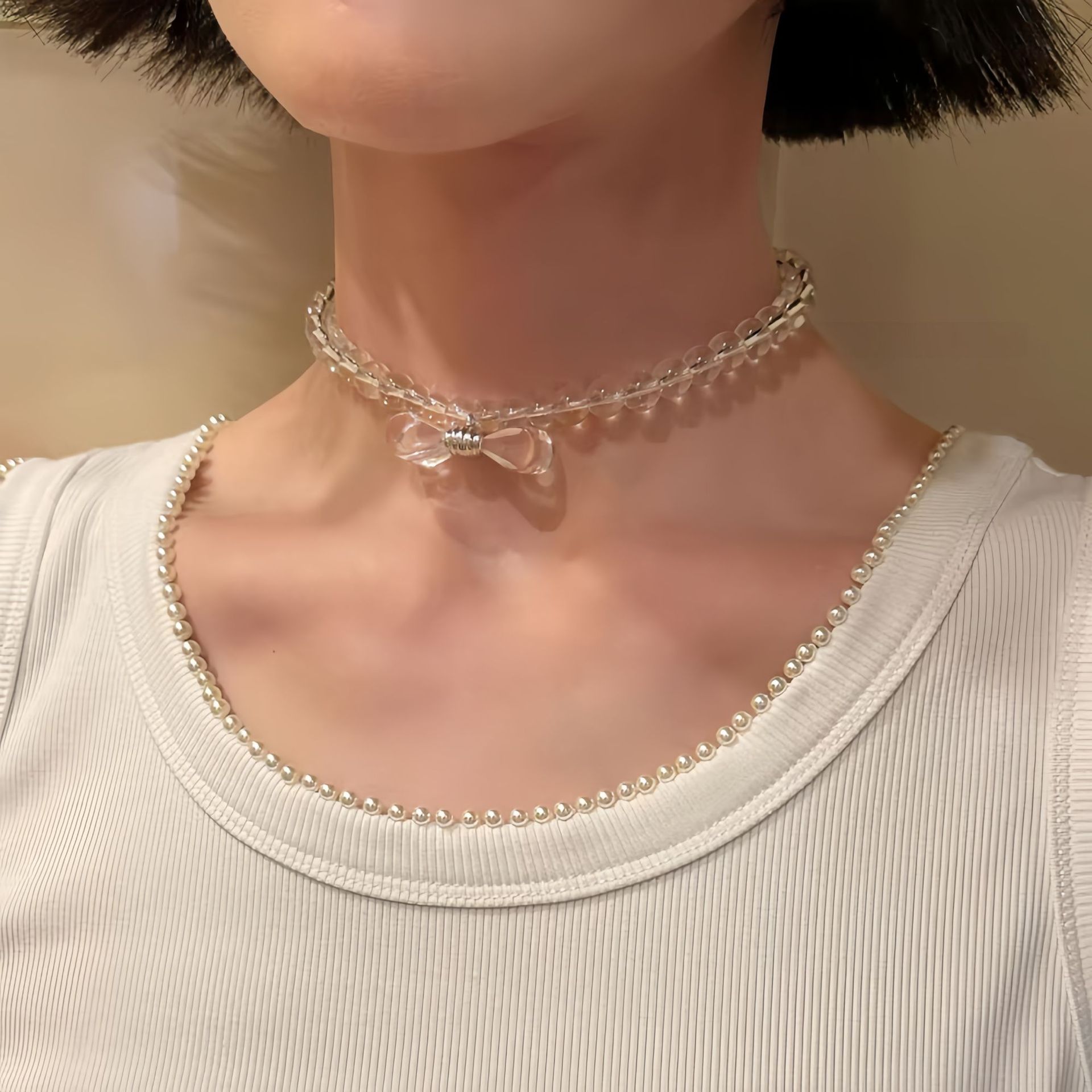 Mana同款小众高级感蝴蝶结串珠锁骨项链可调节龙虾扣新款配饰女