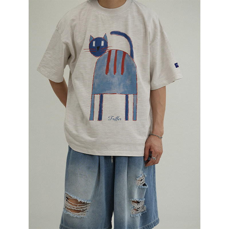 TRIFFER复古重磅竹节棉趣味手绘tee涂鸦蓝猫印花男女款_虎窝淘