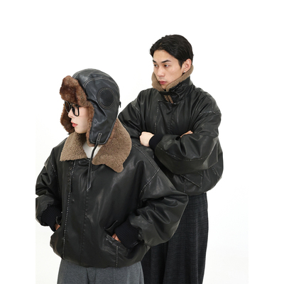 TRIFFER复古PU羊羔毛羽绒夹克真毛领擦色做旧90白鸭绒男女款