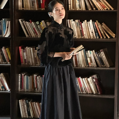 Ti提提 决明 黑色烂花绒倒大袖中式套装国风半身裙夏季显瘦气质