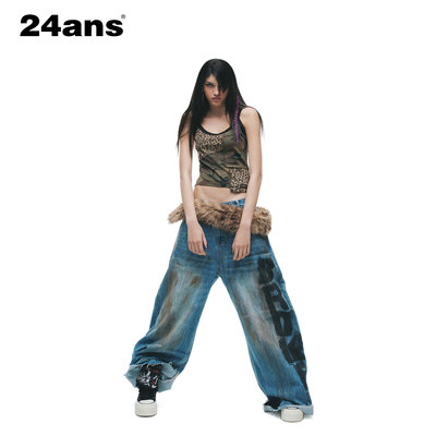 24ANSLTD水洗涂鸦牛仔阔腿裤