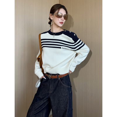 NancyCavally学院风撞色条纹毛衣