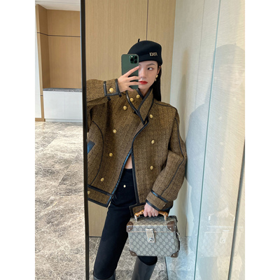 NancyCavally暗闪双面呢短款大衣