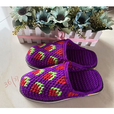 36/37手工编织毛线拖鞋女居家防滑包头保暖平底棉拖鞋 紫色草莓