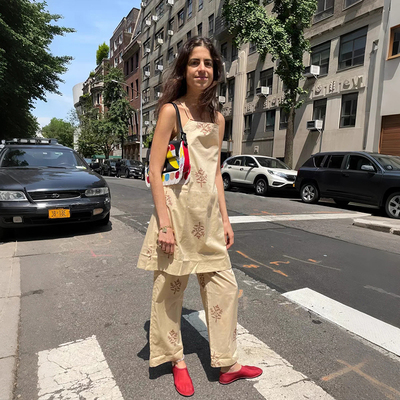 梅丁~款法式2025夏季叠穿复古落叶印花吊带露背裙休闲裤套装25361