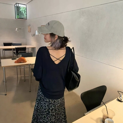 one seven韩版露背纯色长袖防晒T恤女2026夏轻薄宽松显瘦罩衫上衣