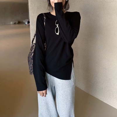 one seven不规则抽褶长袖T恤女2026早秋圆领收腰显瘦打底衫上衣潮