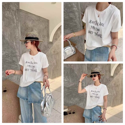 女装新款字母绣花短袖T恤欧洲站休闲百搭宽松女上衣圆领半袖衫