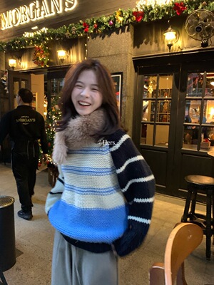 冬上新Hers简约复古撞色条纹慵懒风宽松显瘦保暖毛衣博主调性