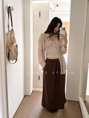 韩系百搭宽松慵懒显瘦休闲防晒衬衫+抽绳设计感挂脖背心+长裙套装