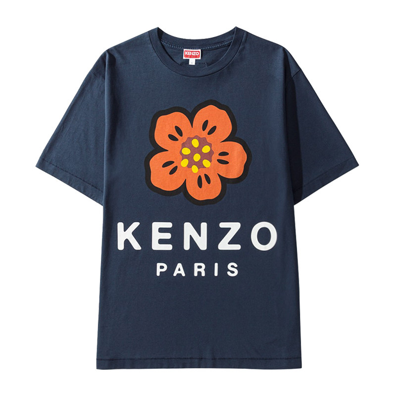 KENZO/高田贤三 新款男士花卉字母印花深蓝色短袖T恤4SO 5TS407