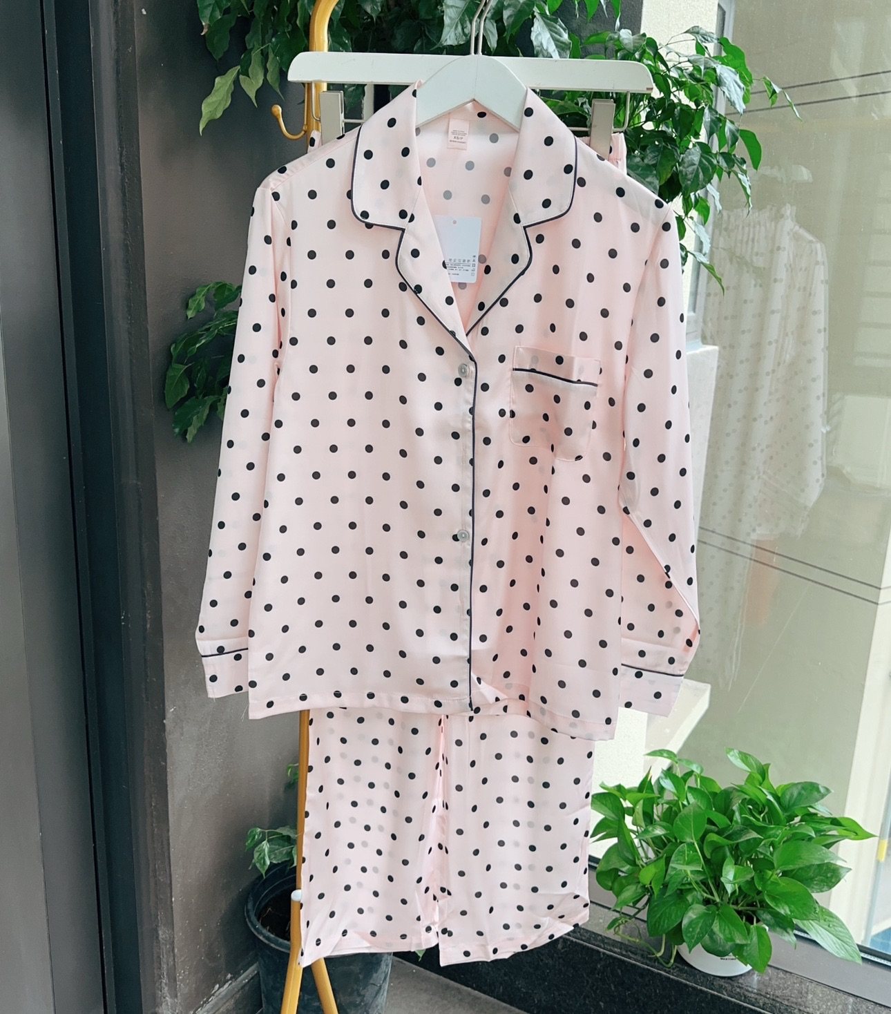 春秋新款 休闲浅粉色圆点缎面冰丝长袖裤女睡衣家居服套装包邮