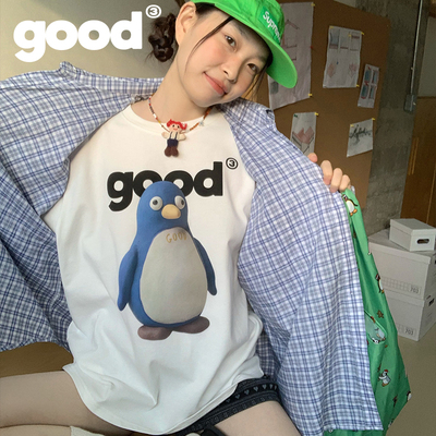 美好商店MeihaoStore目瞪口呆蓝色企鹅good全棉长袖T恤