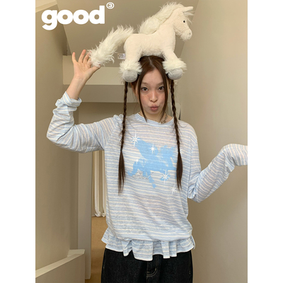 美好商店MeihaoStore「飞驰小马」印花浅蓝色条纹轻薄长袖T恤