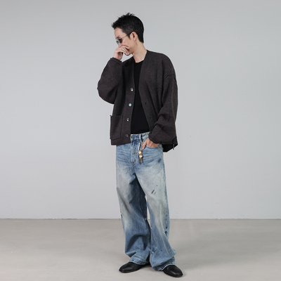 HOMME DE MODE秋冬潮牌V领开衫毛衣羊毛混纺慵懒高级感针织衫外套