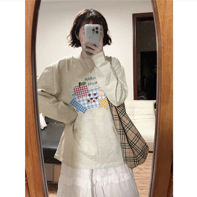 纯棉美式复古正肩长袖t恤女宽松