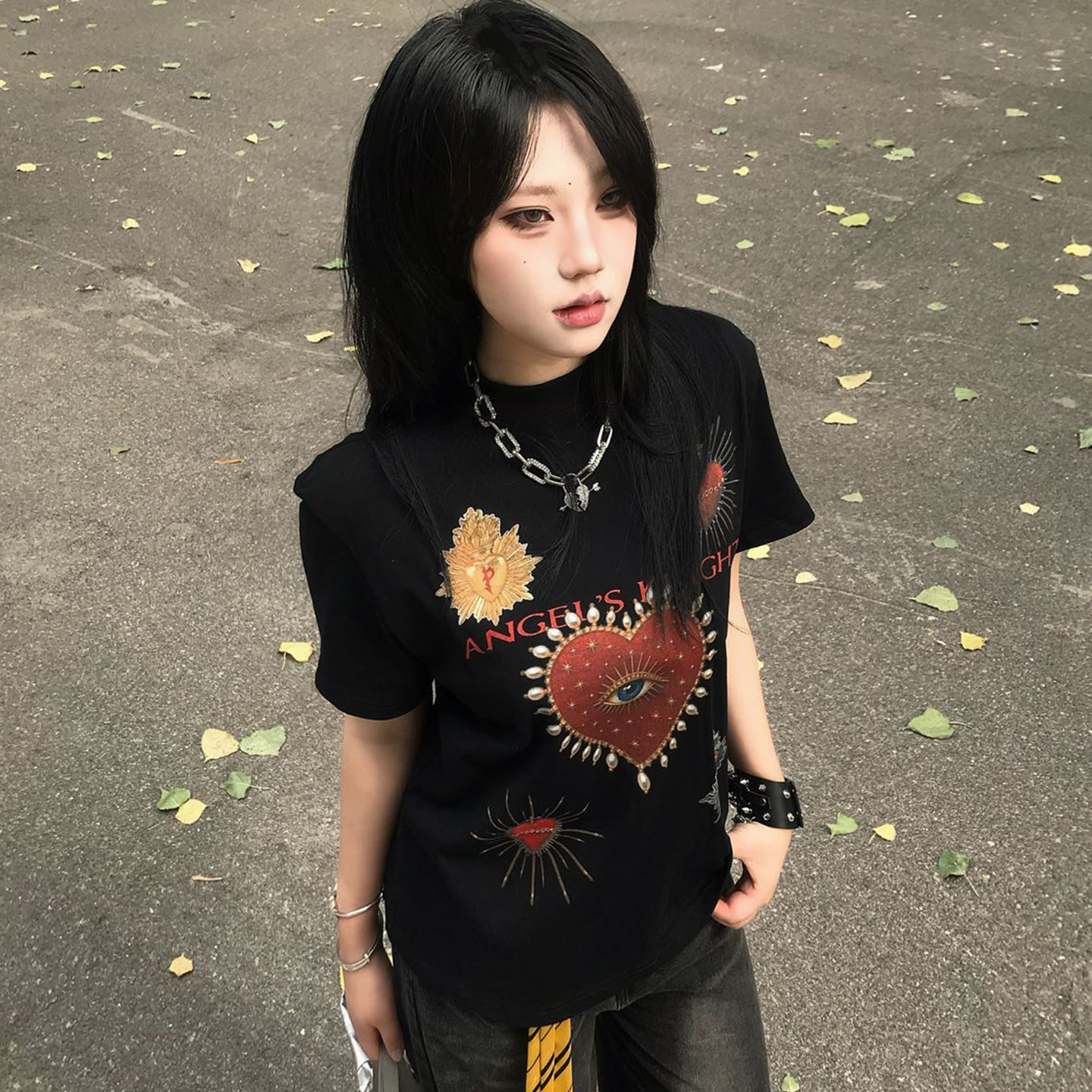 PASET-圣心全视眼正肩短款哥特印花T恤复古高街舒适轻亚修身短袖