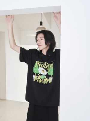 向日葵印花黑白重磅纯棉短袖t恤