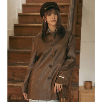 MINNIE同款ANOETIC 24秋新品经典百搭复古皮衣中长款皮衣韩国代购