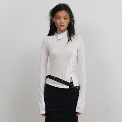 现货OJOS 25秋新款y2k千禧风斜襟拼接星星长袖T恤韩国代购