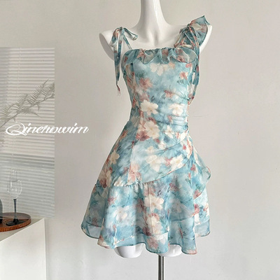 2026夏新款复古法式保守显瘦碎花度假平角裤裙式连体泳衣温泉泳装