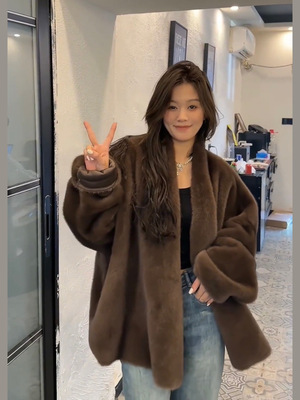 宽松水貂毛皮毛一体外套女