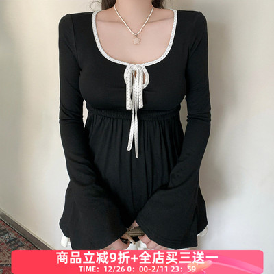 俏皮少女波点包边撞色长袖T恤