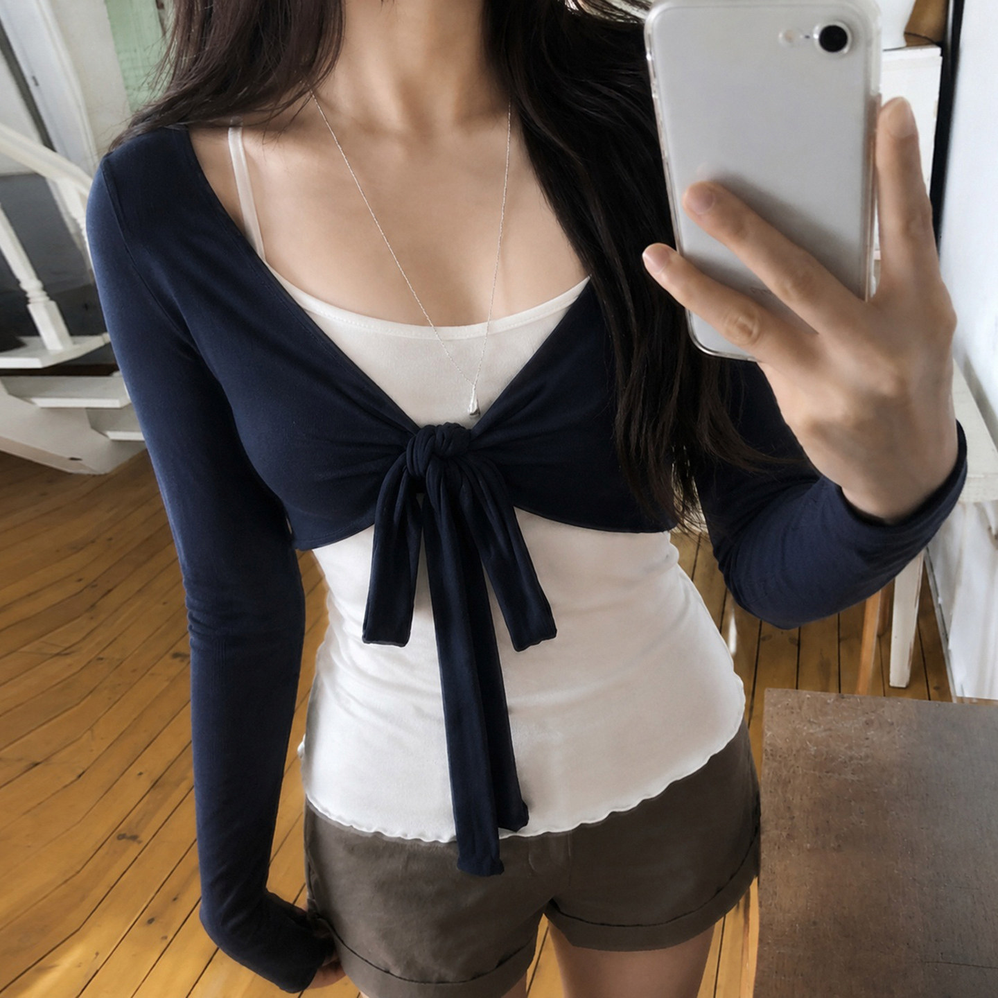 FabGirls 美式bm风基础撞色系带长袖T恤 小众百搭显瘦两件套上衣