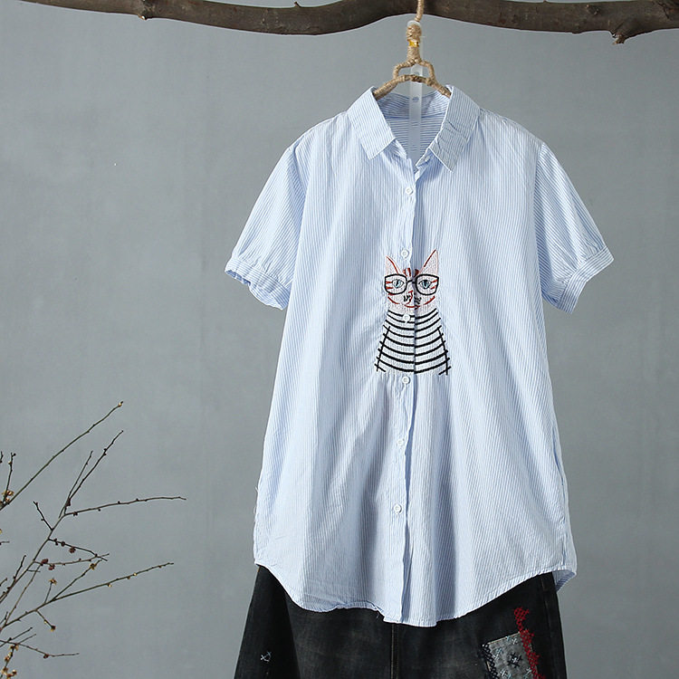 翻领刺绣卡通短袖2019夏季新款条纹休闲衬衫 0.14 D602_虎窝淘