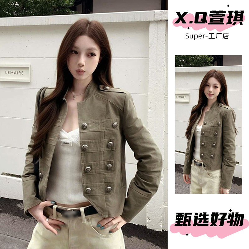 美式复古立领排扣牛仔外套女早秋2026新款重工设计感短款夹克上衣