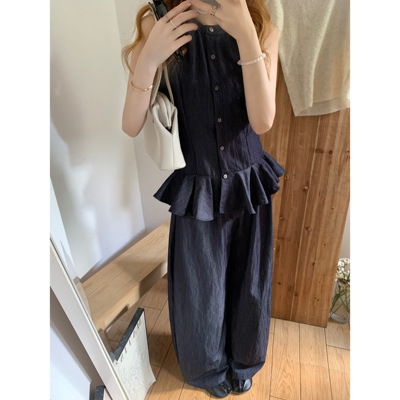 妮味outfit 荷叶边无袖衬衫背心马甲上衣阔腿裤套装