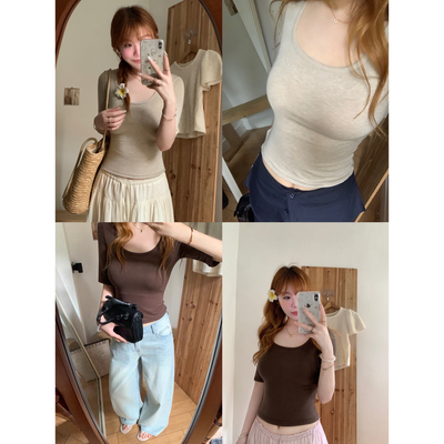 慕斯感~莱赛尔羊毛！韩系修身显瘦大U领短款五分袖T恤女夏