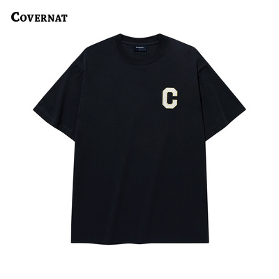 COVERNAT韩国潮牌简约T恤裂纹C标志麻面T恤时尚2025夏季新
