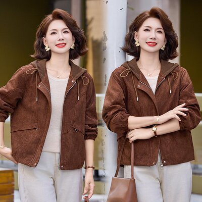 中老年女士棕色麂皮绒连帽外套春秋新款宽松休闲大码女装上衣