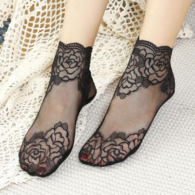 蕾丝中筒袜子女春夏季薄款透气网纱短袜网眼袜花边棉底船袜百搭潮