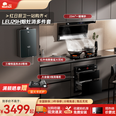 红日抽油烟机顶侧双吸7字型家用燃气灶热水器消毒柜LEU29H多件套