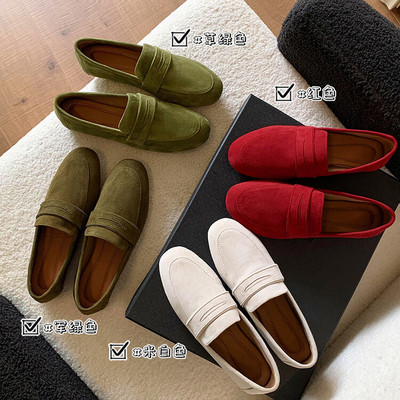 里外真皮羊反皮圆头小白鞋乐福鞋软底平底鞋法式复古一脚蹬单鞋女