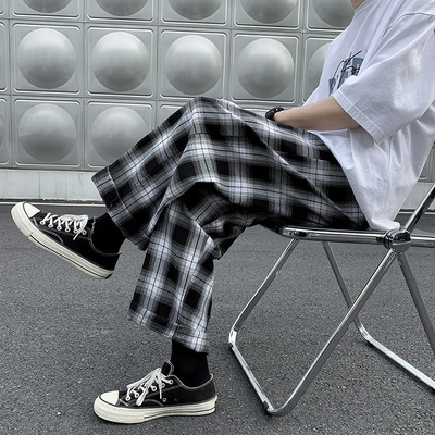 Men's loose casual checkered cropped pants宽松休闲格子九分裤