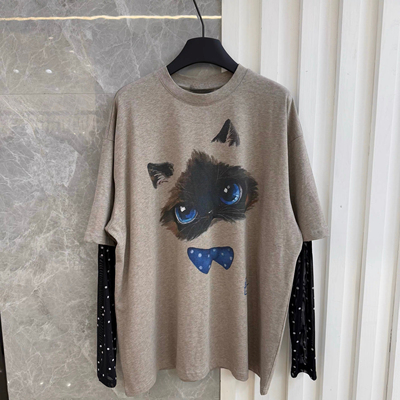 特价清仓 趣味可爱大眼睛领结猫咪T恤女 假两件网纱袖拼接上衣